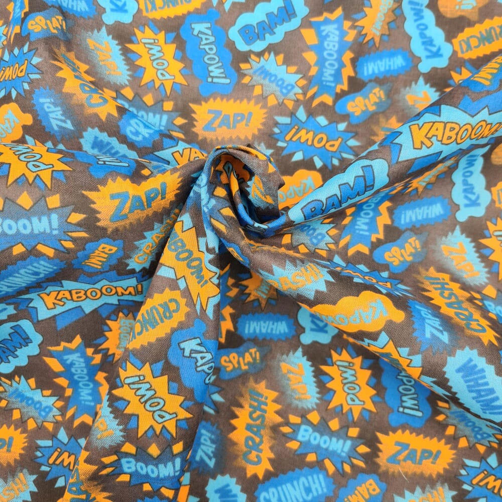 Super Hero Polycotton KAPPOW WHAM BAM BLUE, Comic Strip super heroes ...